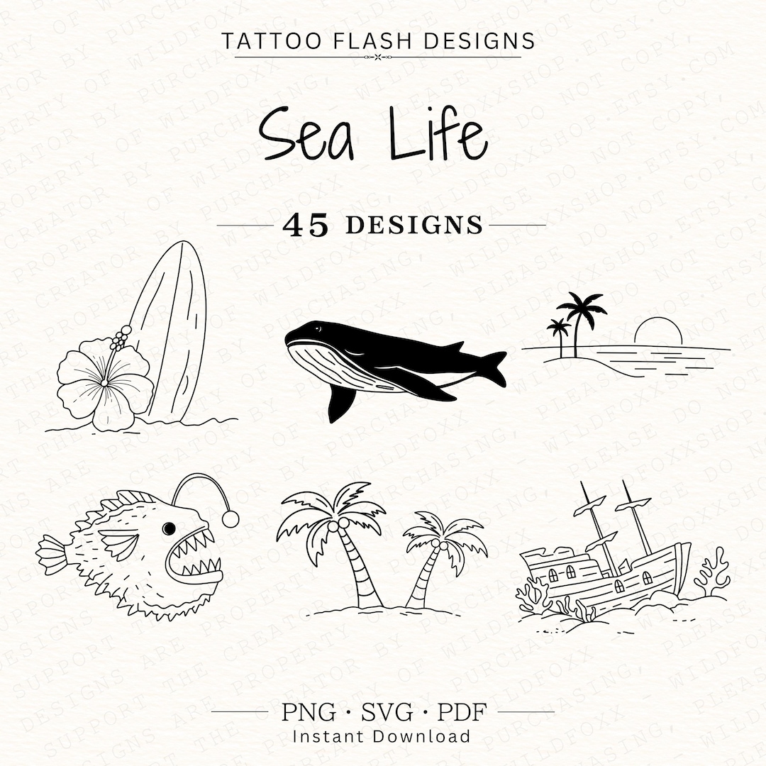 Sea Life Tattoo Flash Sheet | Minimalist Ocean PNG-SVG Bundle (45 ...