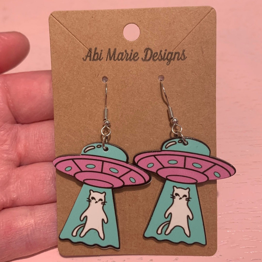 UFO Alien Abduction Cat in a Spaceship Dangle Earrings Multicolored - Etsy