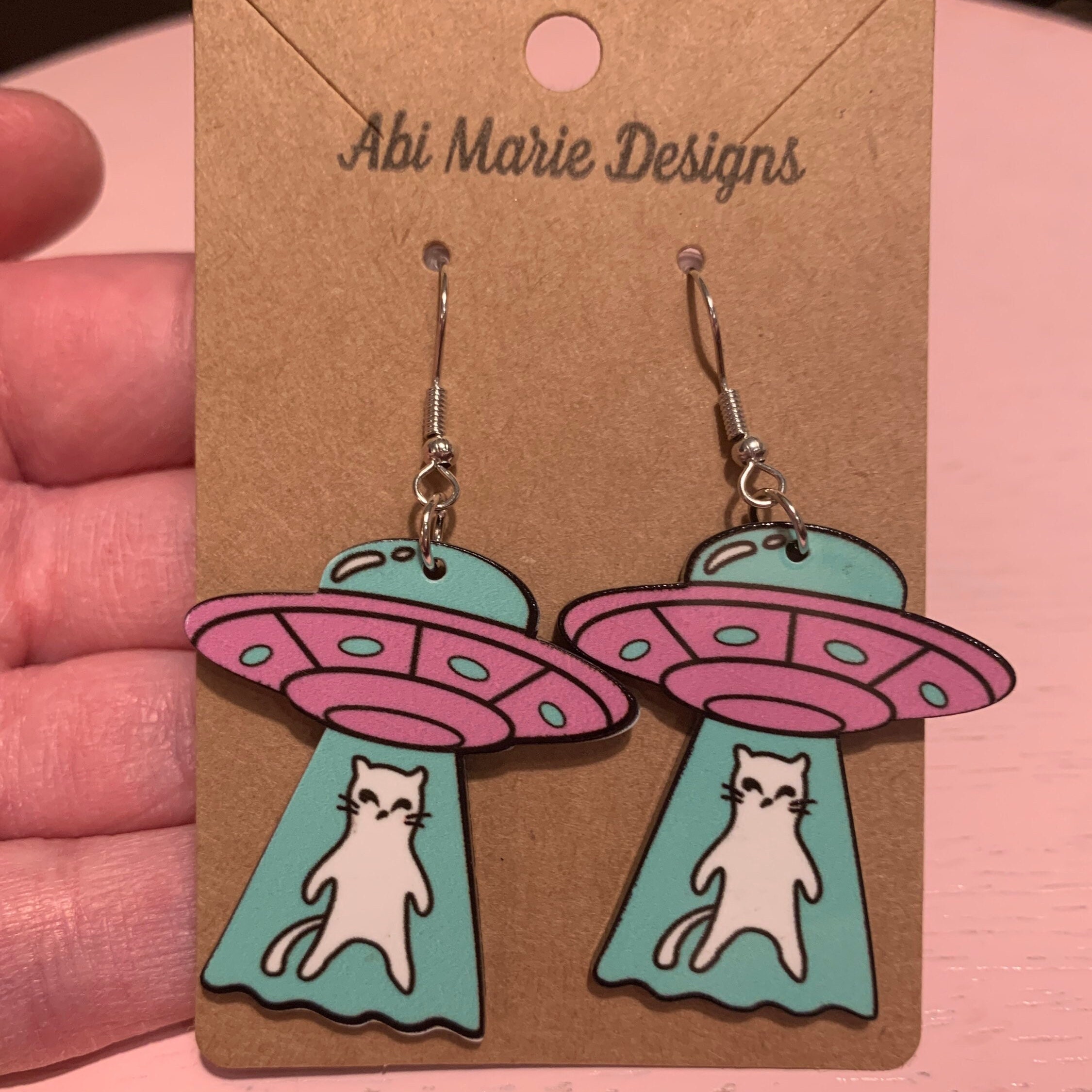 UFO Alien Abduction Cat in a Spaceship Dangle Earrings Multicolored - Etsy