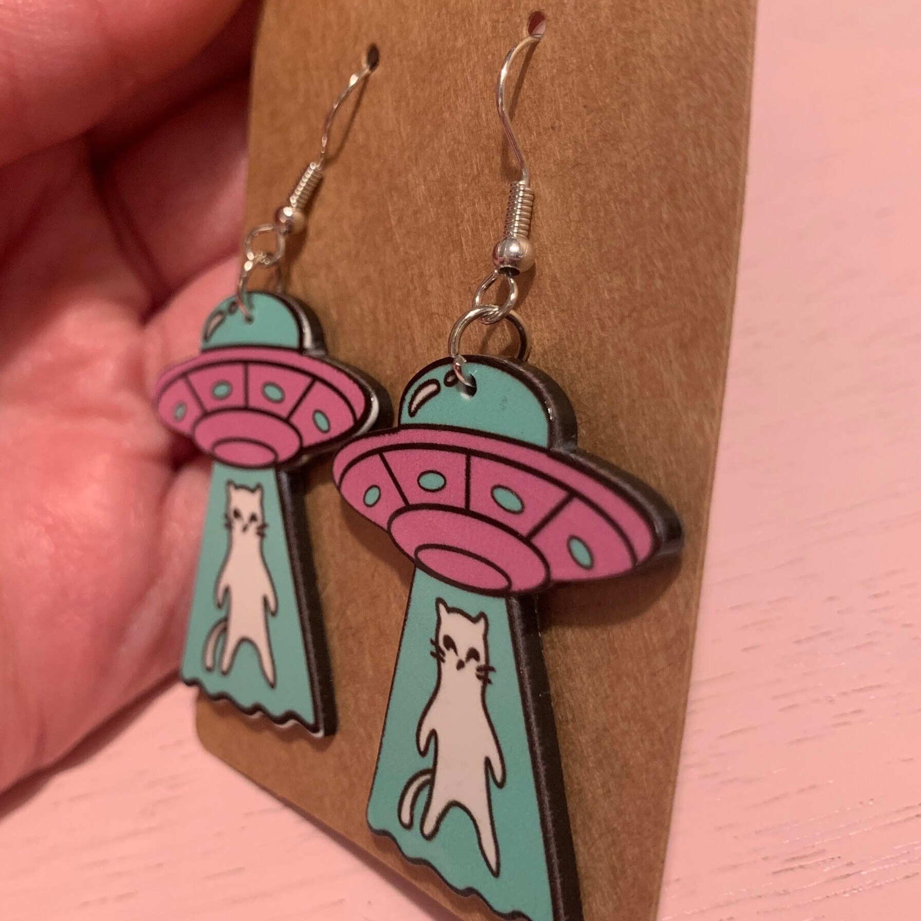 UFO Alien Abduction Cat in a Spaceship Dangle Earrings Multicolored - Etsy
