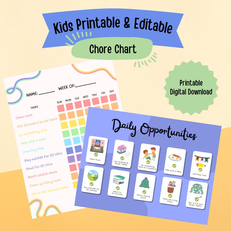 Editable Kids Chore Chart - Etsy
