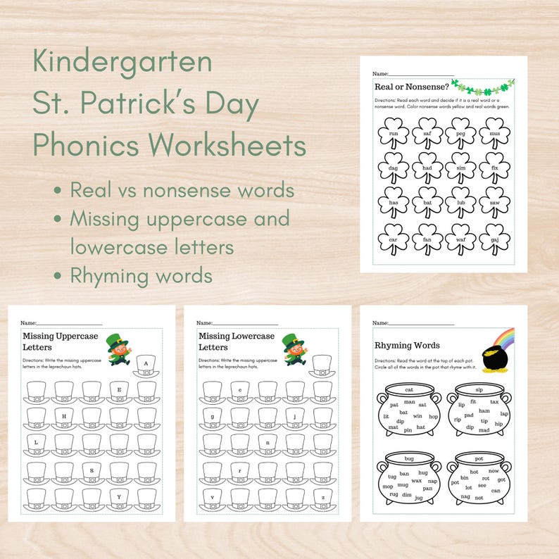 Kindergarten St. Patrick's Day Themed Phonics Worksheets - Etsy