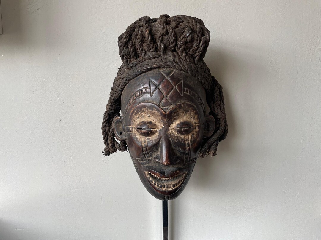 Vintage Authentic African Chokwe Mask Congo Tribal Mask With Headdress ...