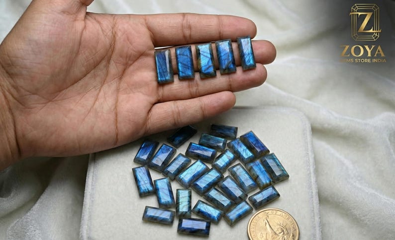 Blue Flash Labradorite Gemstone - Step Cut Rectangle, Flat Back (6x15 ...