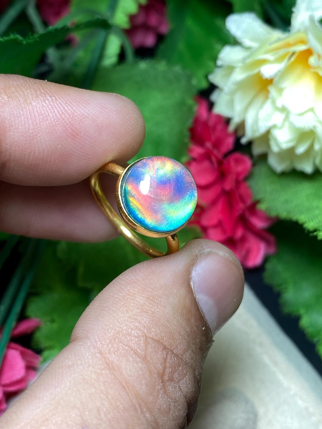 Multi Colored Aurora Opal Ring, Handmade Doublets Ring, Adjustable Ring ...