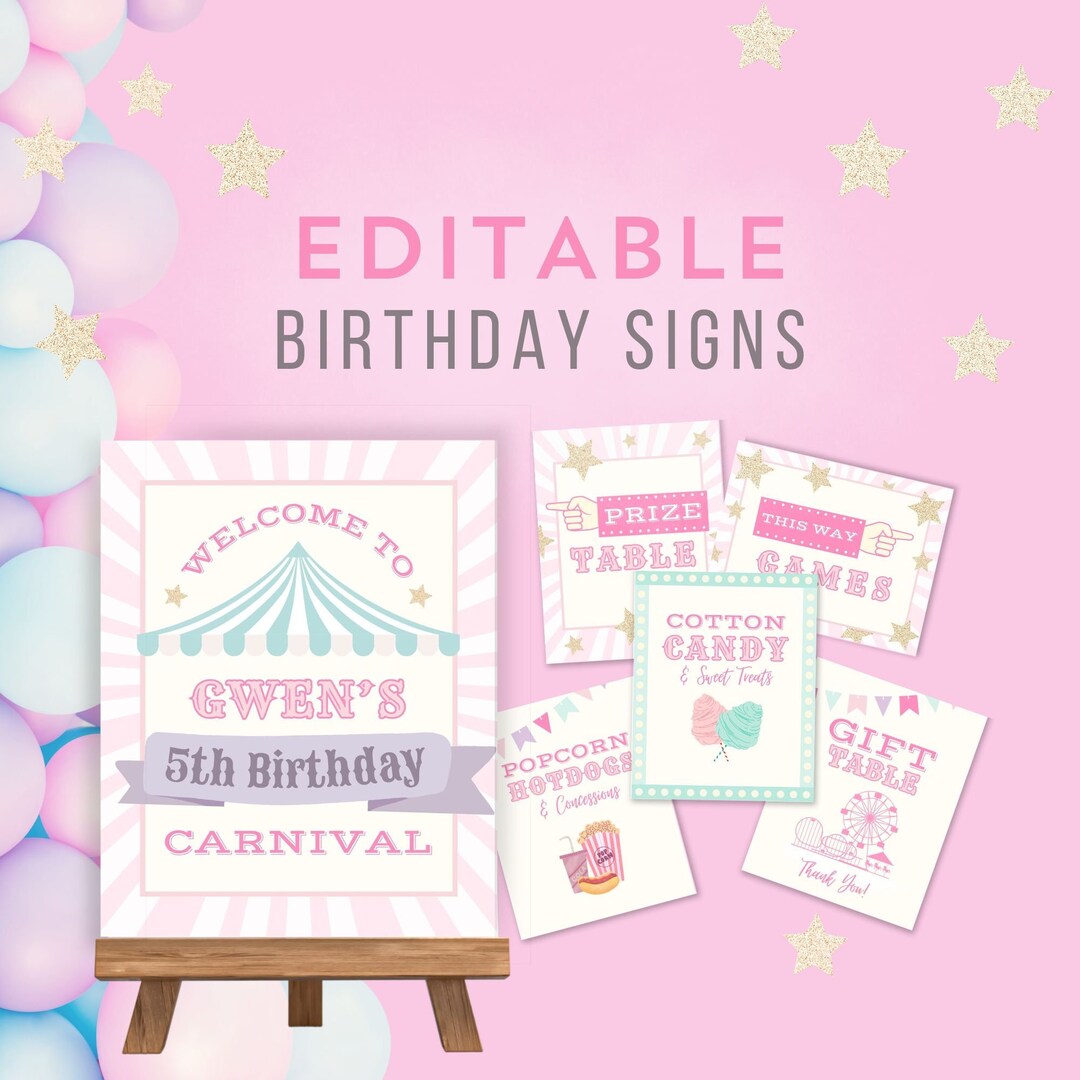 Carnival Birthday Party Pastel Table Signs EDITABLE Carnival Girls ...