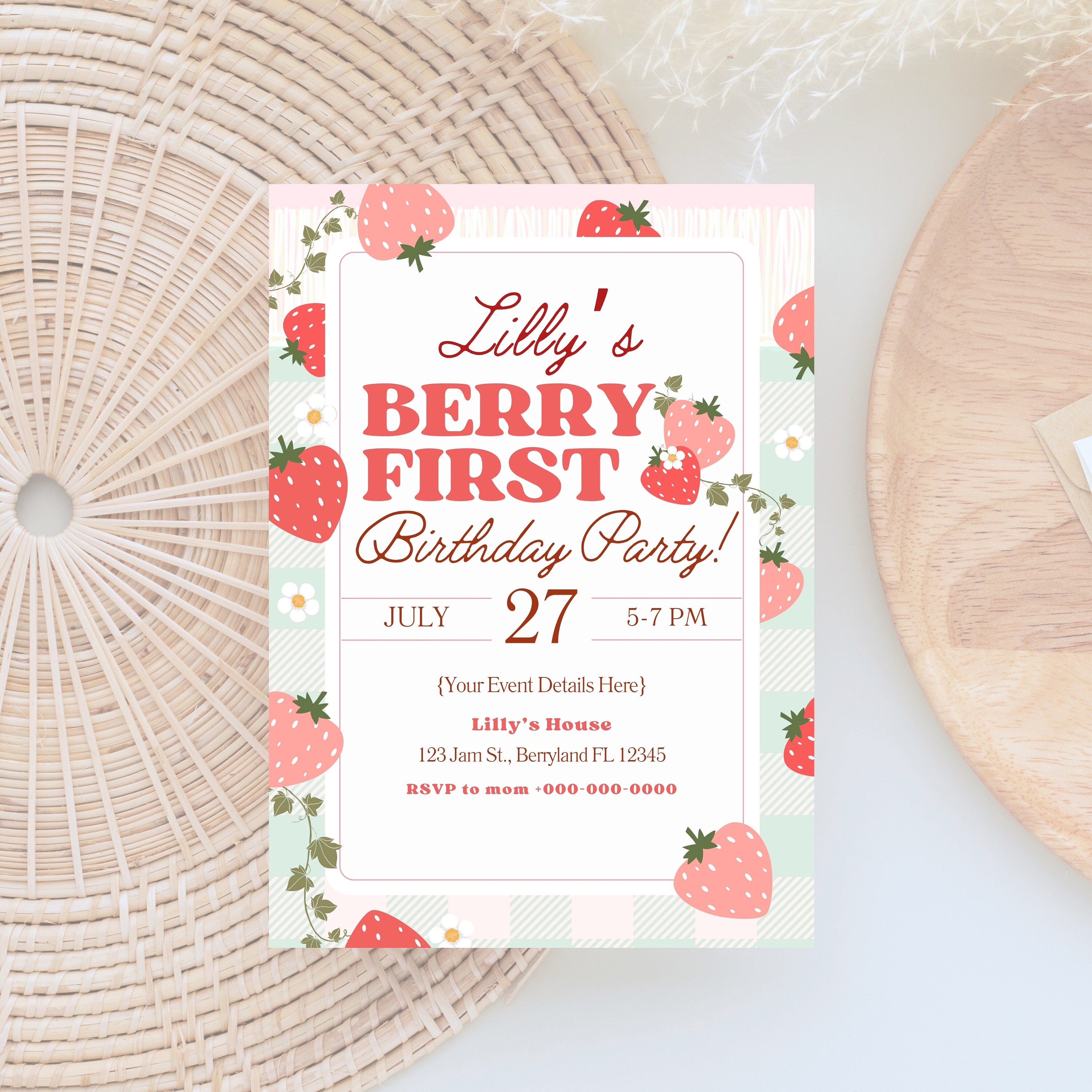 Strawberry Theme Party Invite Template Berry First Birthday Invitation ...