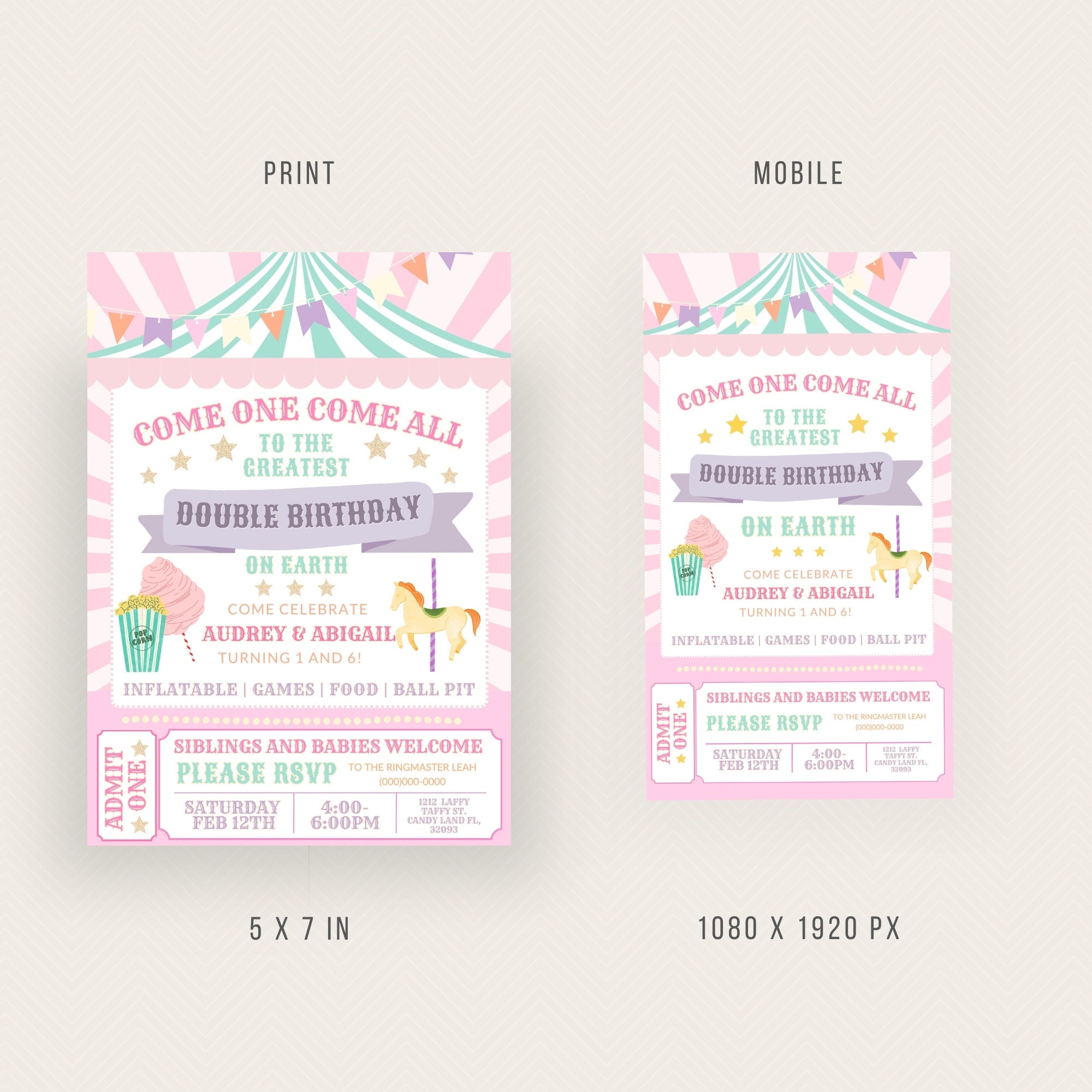EDITABLE Carnival Invitations for Girls Joint Birthday, Pastel Carnival ...