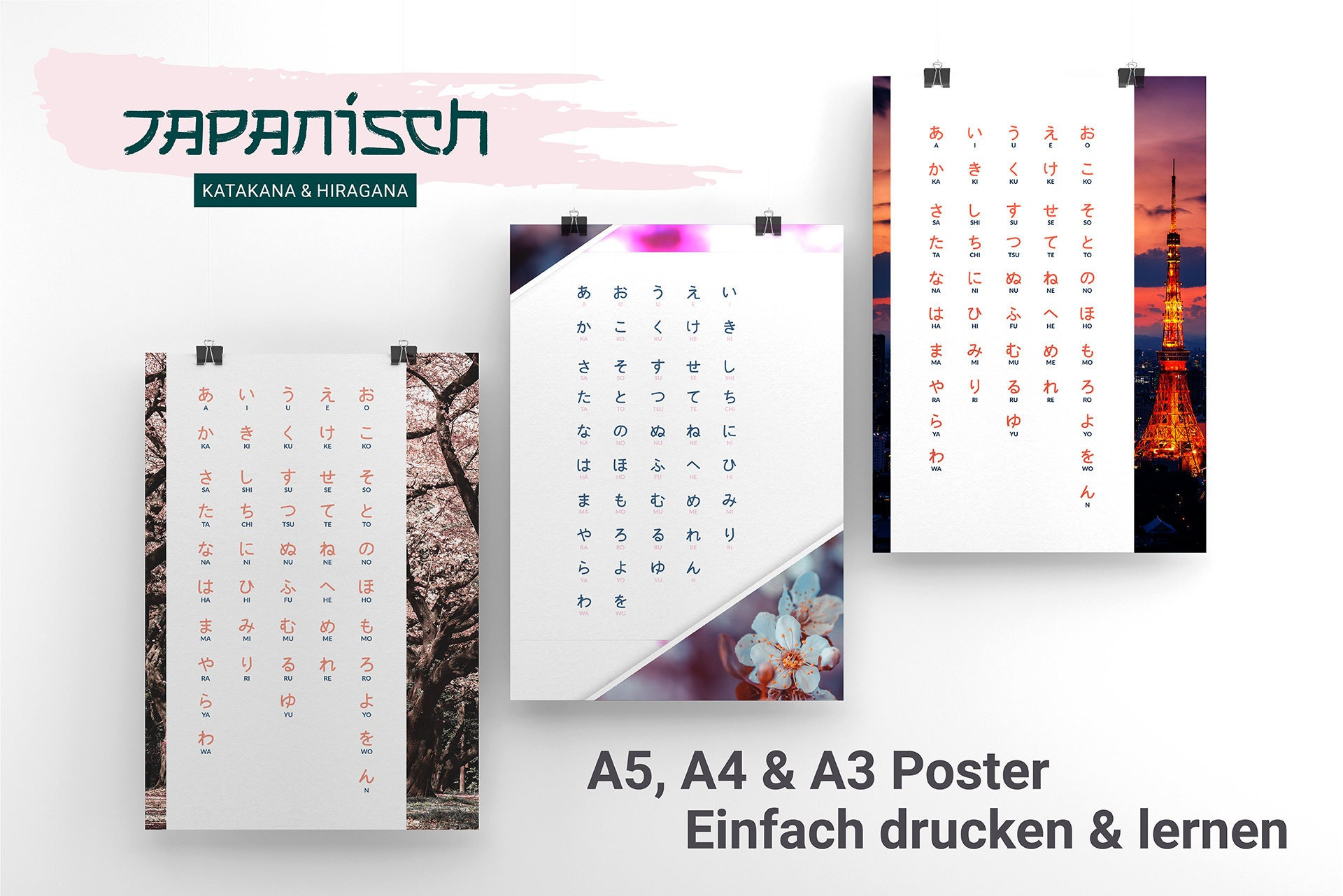 Japanese Katakana & Hiragana Poster A5,A4,A3 to Print and Learn ...