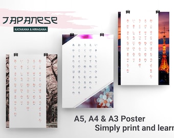 Japanese Katakana & Hiragana Poster A5,A4,A3 Print and Learn by ...