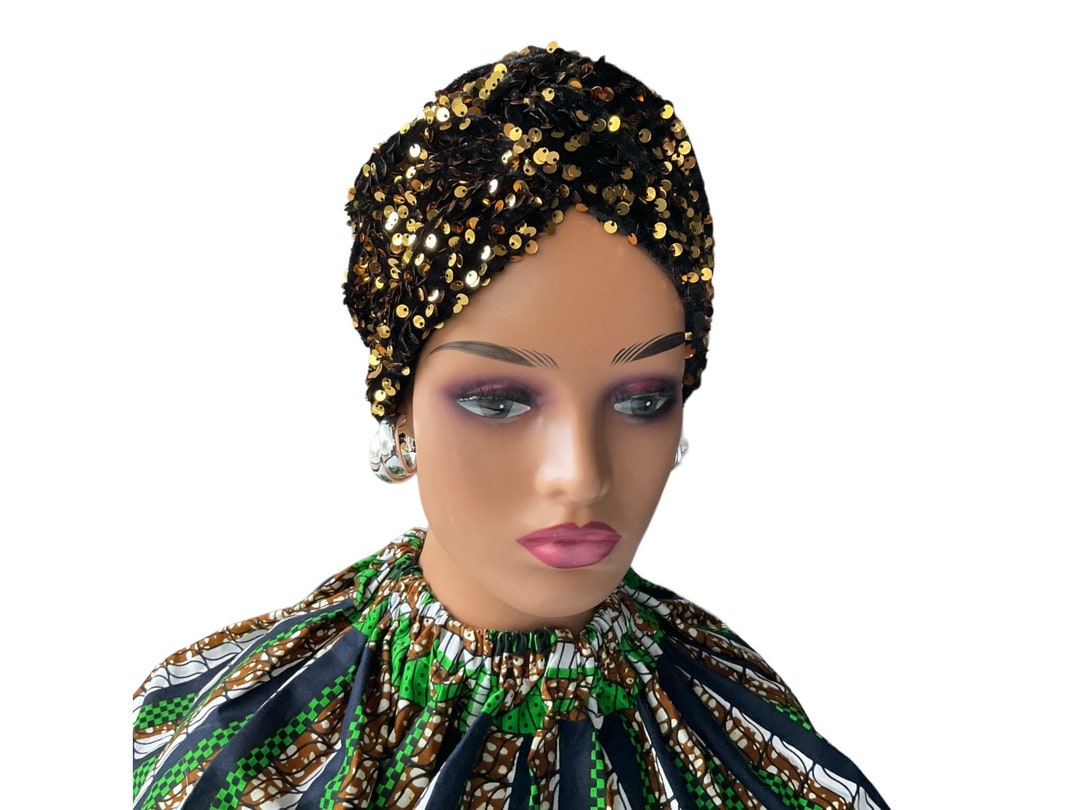 Gold Sequin Fashion Turban | Black Gold Velvet Sequin Pre Styled Women ...