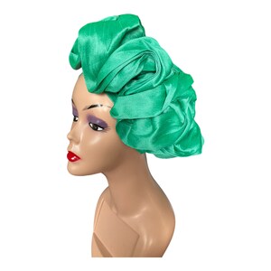 Green Auto Gele Ready to Wear, Dupion Raw Silk Ruffles Style Head Tie ...