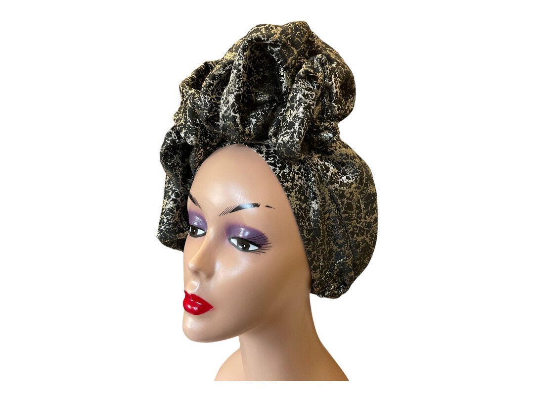 African Party Ready to Wear Turban Hat, Black and Champagne Gold Damask ...
