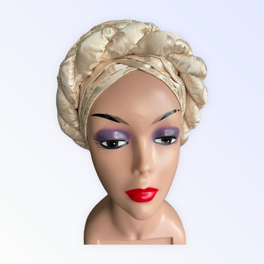 Gold Auto Gele Ready to Wear, Damask Head Tie, Women Pre-tied Turban ...