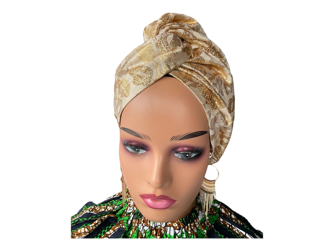 Gold Headtie, Damask Autogele, Pre Tied Head Wrap for Special Occasions ...