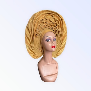 Aso Oke Auto Gele , Gold Wedding Hat for Women, Africa Nigeria Party ...