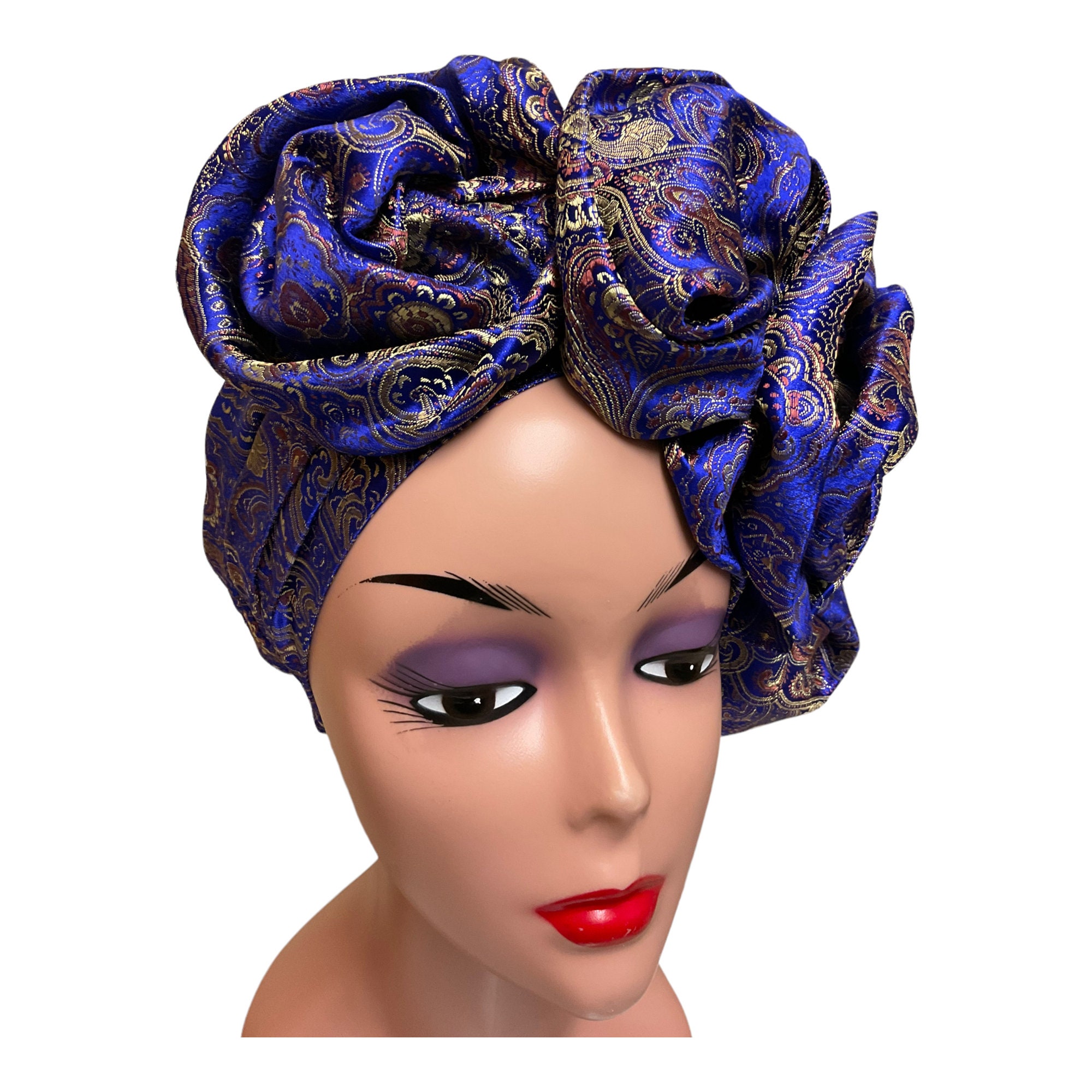 Royal Blue Damask Auto Gele: Pre-tied African Head Wrap - Etsy