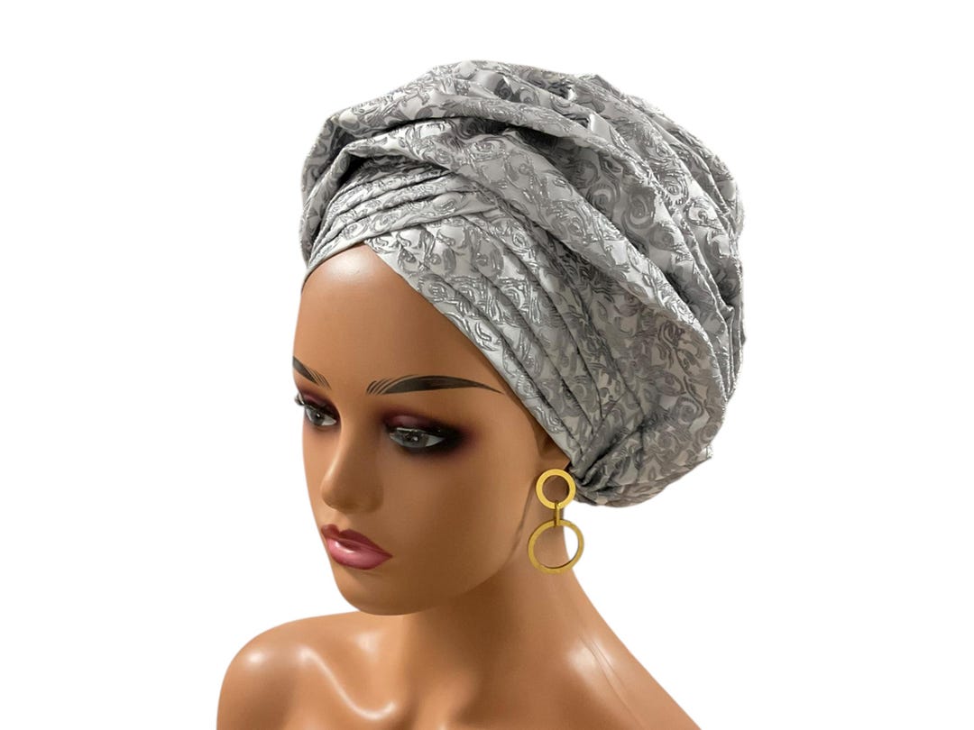 Silver Auto Gele Ready to Wear, Damask Head Tie, Women Pre-tied Turban ...