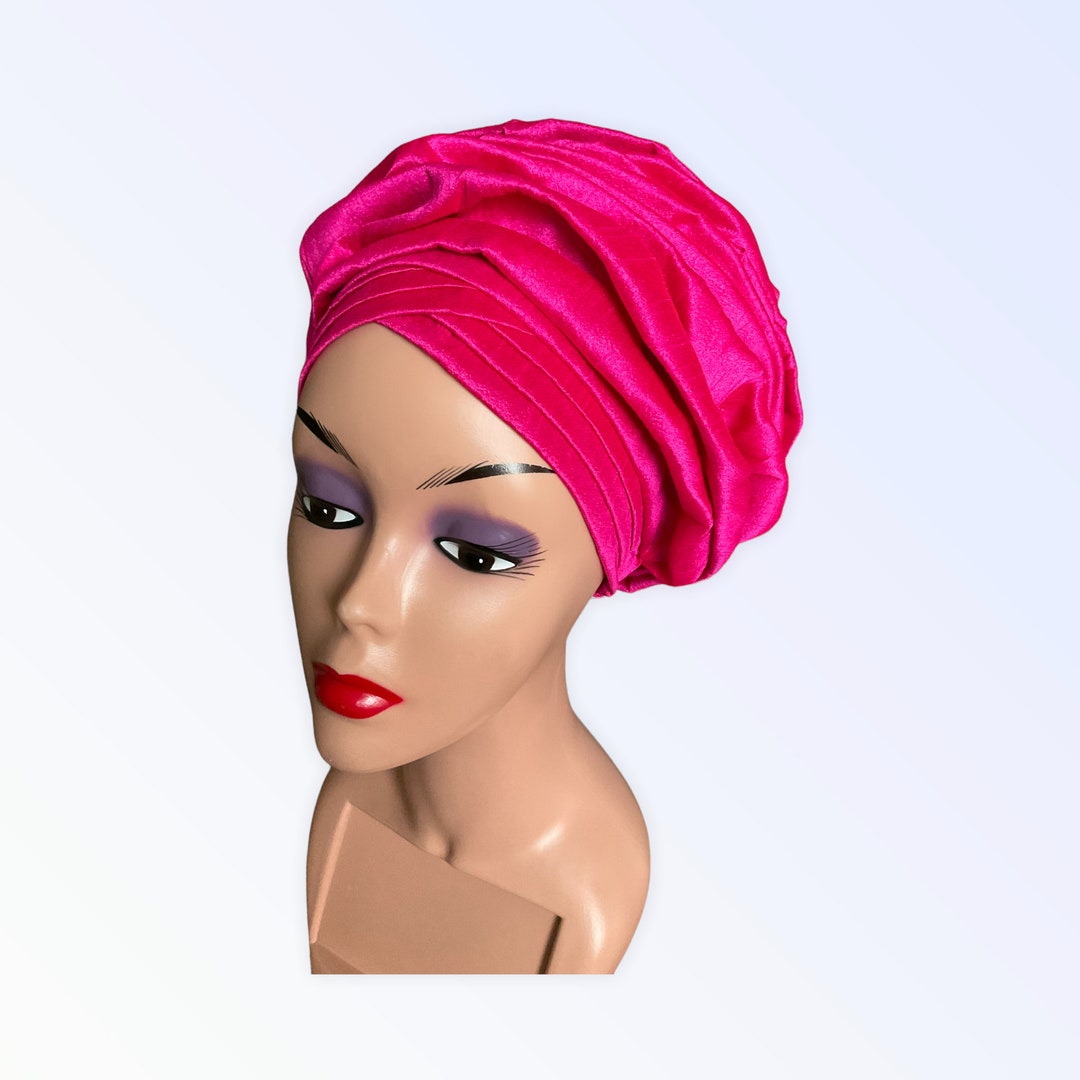Auto Gele Ready to Wear, Pink Dupion Raw Silk Ruffles Style Head Tie ...