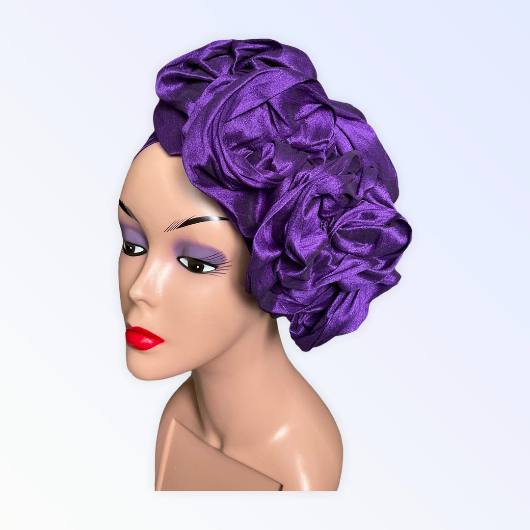Auto Gele Ready to Wear, Purple Raw Silk Ruffles Style Head Tie ...