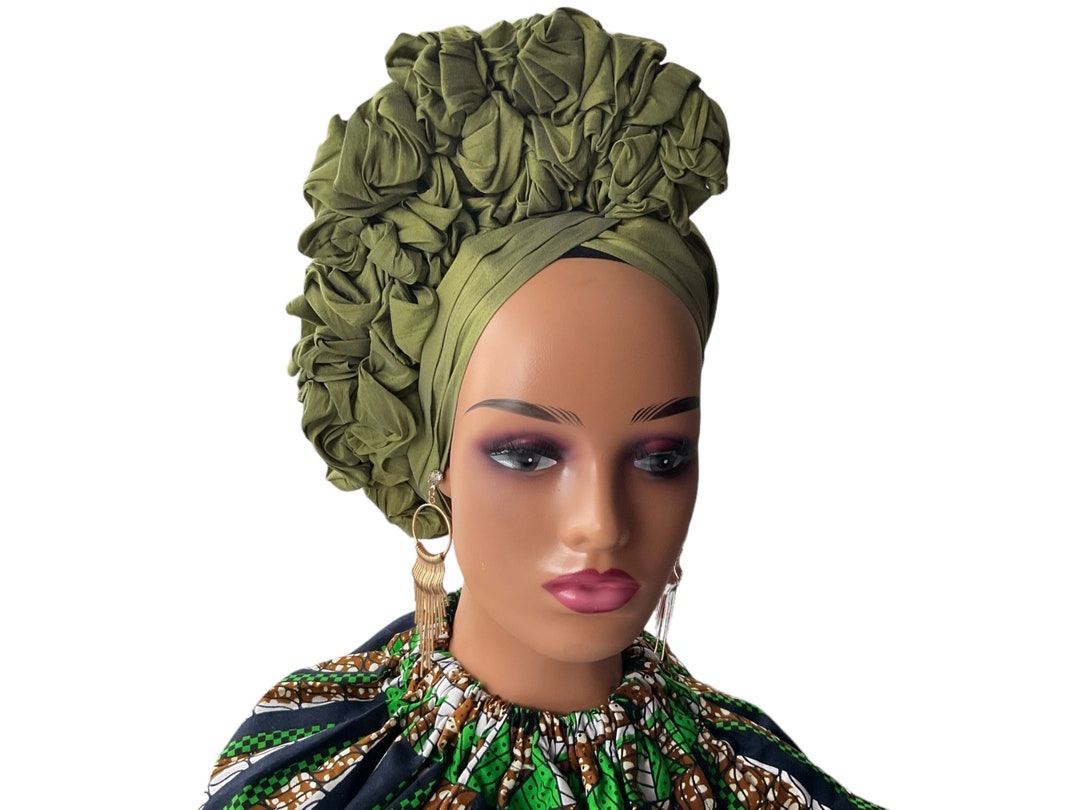 African Auto Gele Ready to Wear, Olive Green Raw Silk Head Tie ...