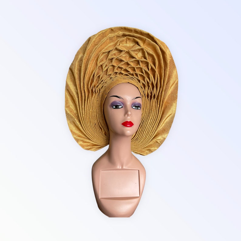 Aso Oke Auto Gele , Gold Wedding Hat for Women, Africa Nigeria Party ...