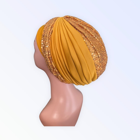 Yellow African Head Wrap Hand Beaded Sequin Head Wrap African Hats