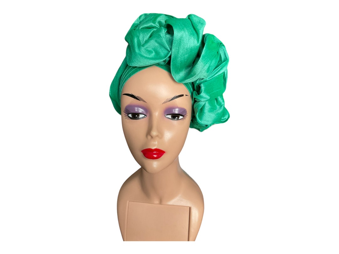 Green Auto Gele Ready to Wear, Dupion Raw Silk Ruffles Style Head Tie ...