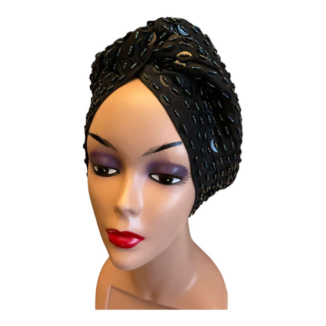 Black Turban Hat for Women | Hand Beaded Sequin Head Wrap | - Etsy
