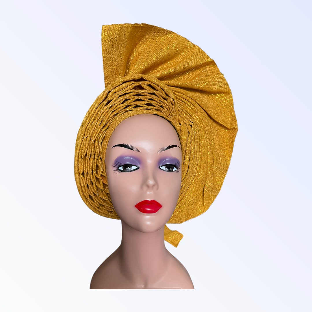 GOLD AUTO GELE , Ready to Wear Gele Hat for Women, Aso Oke Head Tie ...