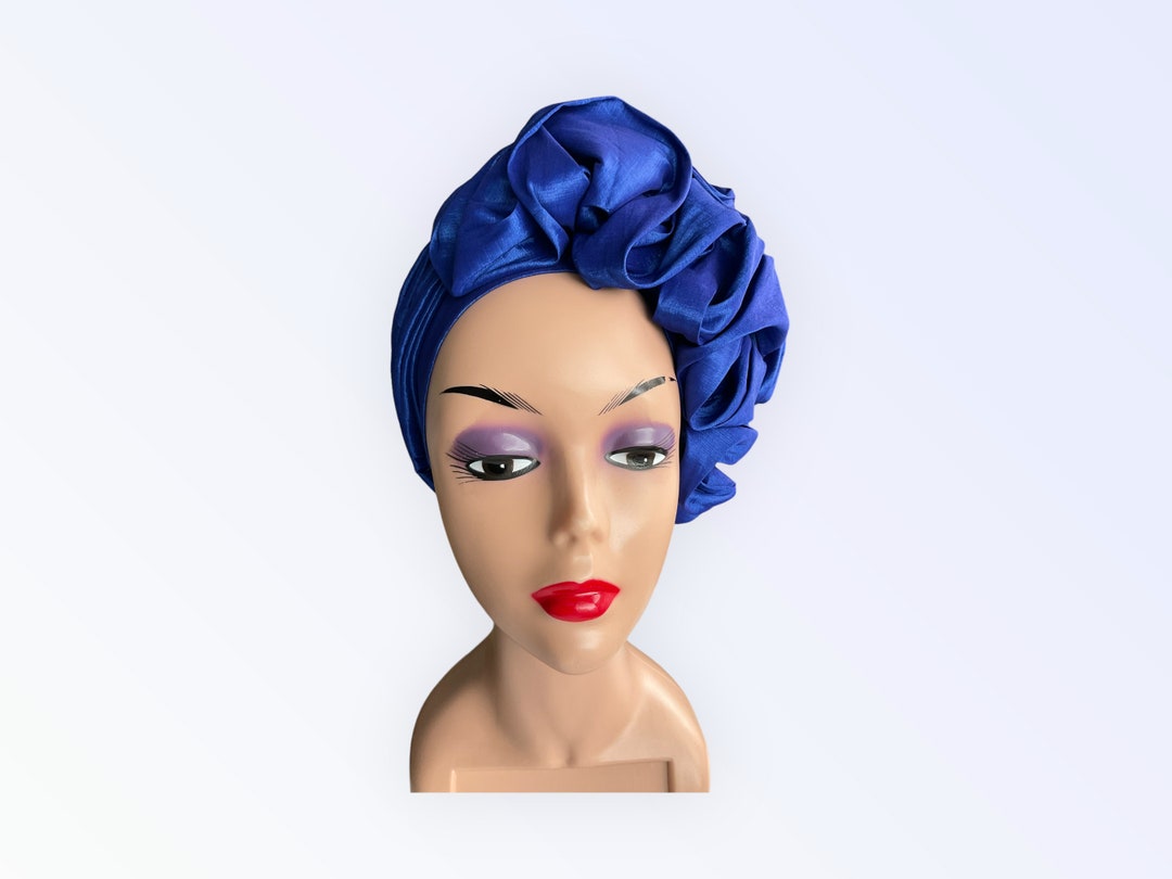 Blue Pre Tied Turban Hat for Women | Side Ruffled Head Wrap | Pre ...