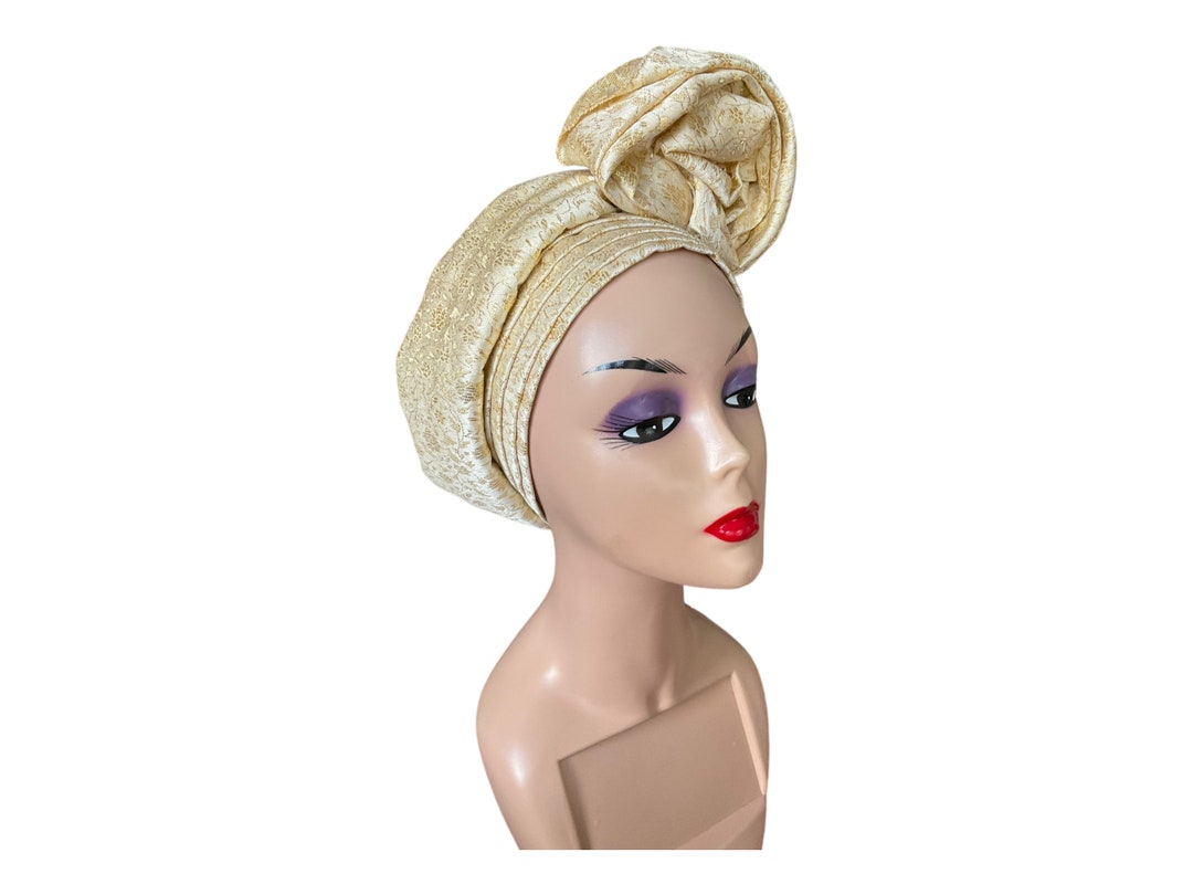 Gold Auto Gele Ready to Wear, Damask Pre-tied Head Wrap ,african ...
