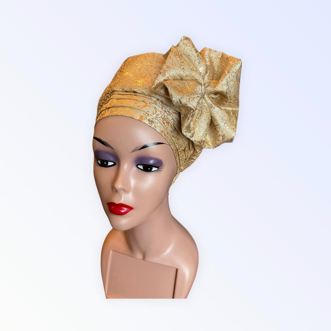 Gold Auto Gele Ready to Wear Africa Damask Head Tie Women - Etsy