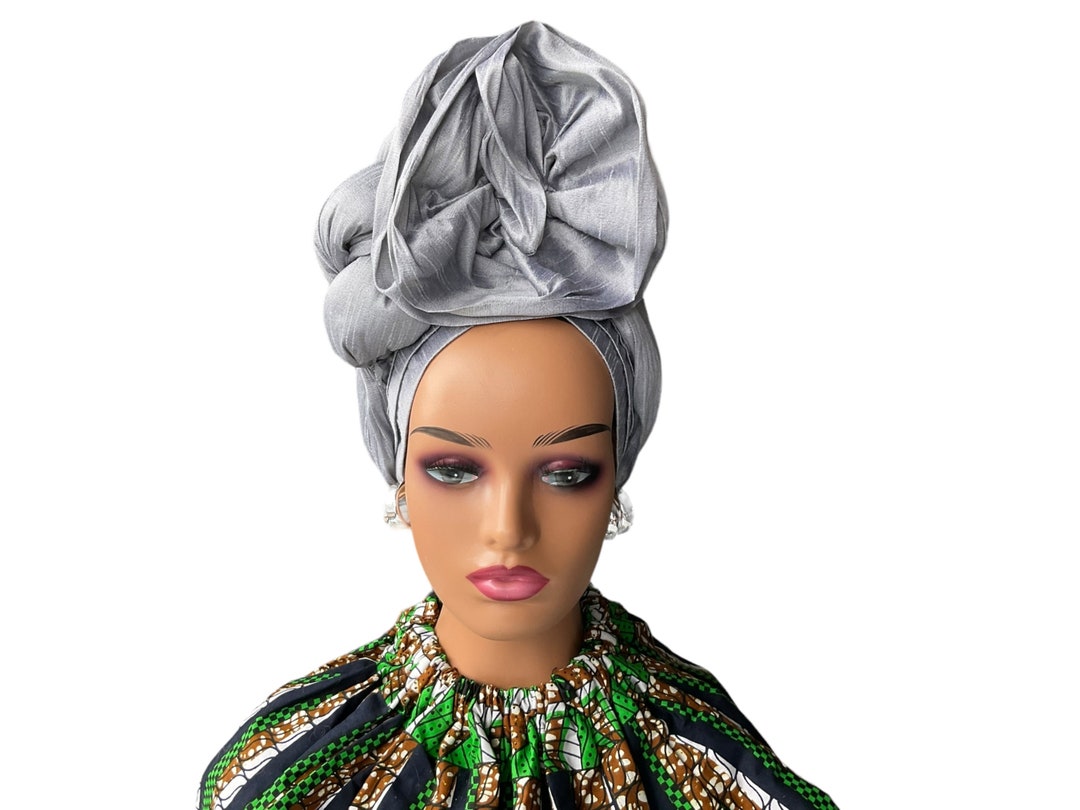 Silver Auto Gele: Pre-tied Raw Silk Head Wrap for Parties - Etsy