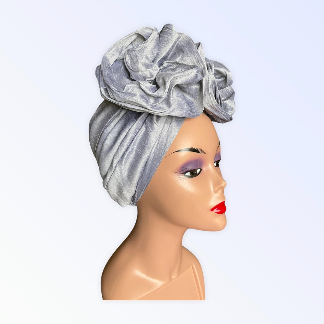 Auto Gele Ready to Wear, Silver Raw Silk Gele, Gold Nigerian Pre Styled ...
