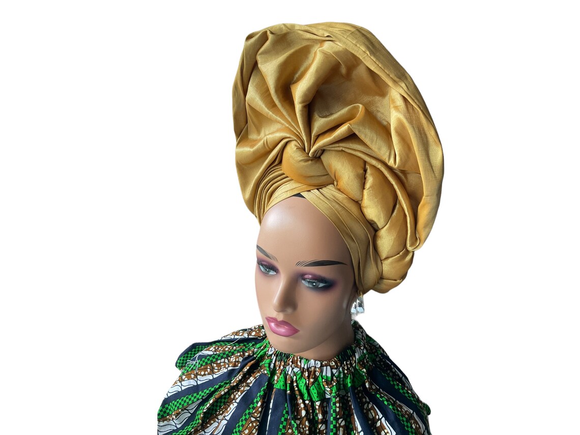 Gold Autogele: Pre-tied African Head Wrap for Wedding Guest - Etsy