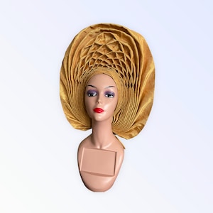 Aso Oke Auto Gele , Gold Wedding Hat for Women, Africa Nigeria Party ...