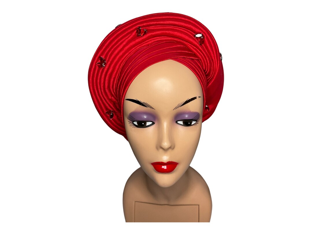 Red Auto Gele Ready to Wear, Women Turban Hat , Style Head Tie, Nigeria ...