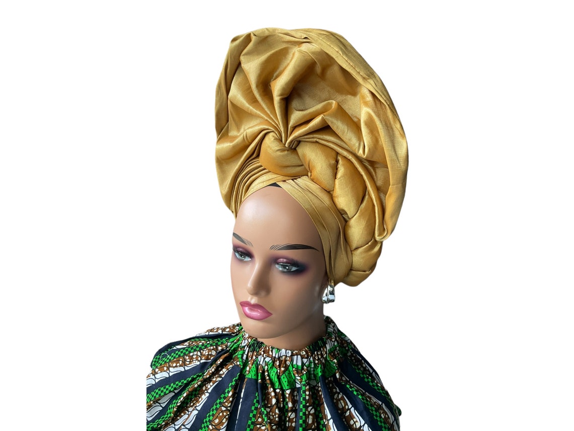Gold Autogele: Pre-tied African Head Wrap for Wedding Guest - Etsy