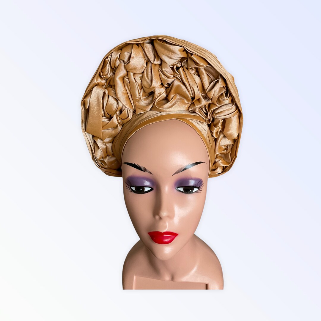 African Gele, Pre Styled Gold Head Wrap, Auto Gele Head Tie for Wedding ...