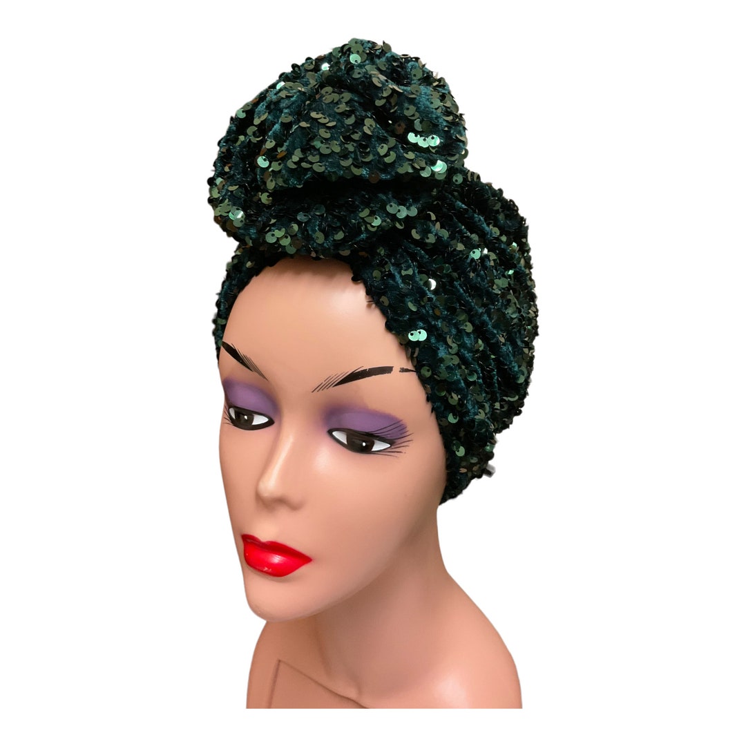 Sequin Fashion Turban Hat | Pre Styled Women’s Turban Head Wrap | Green ...