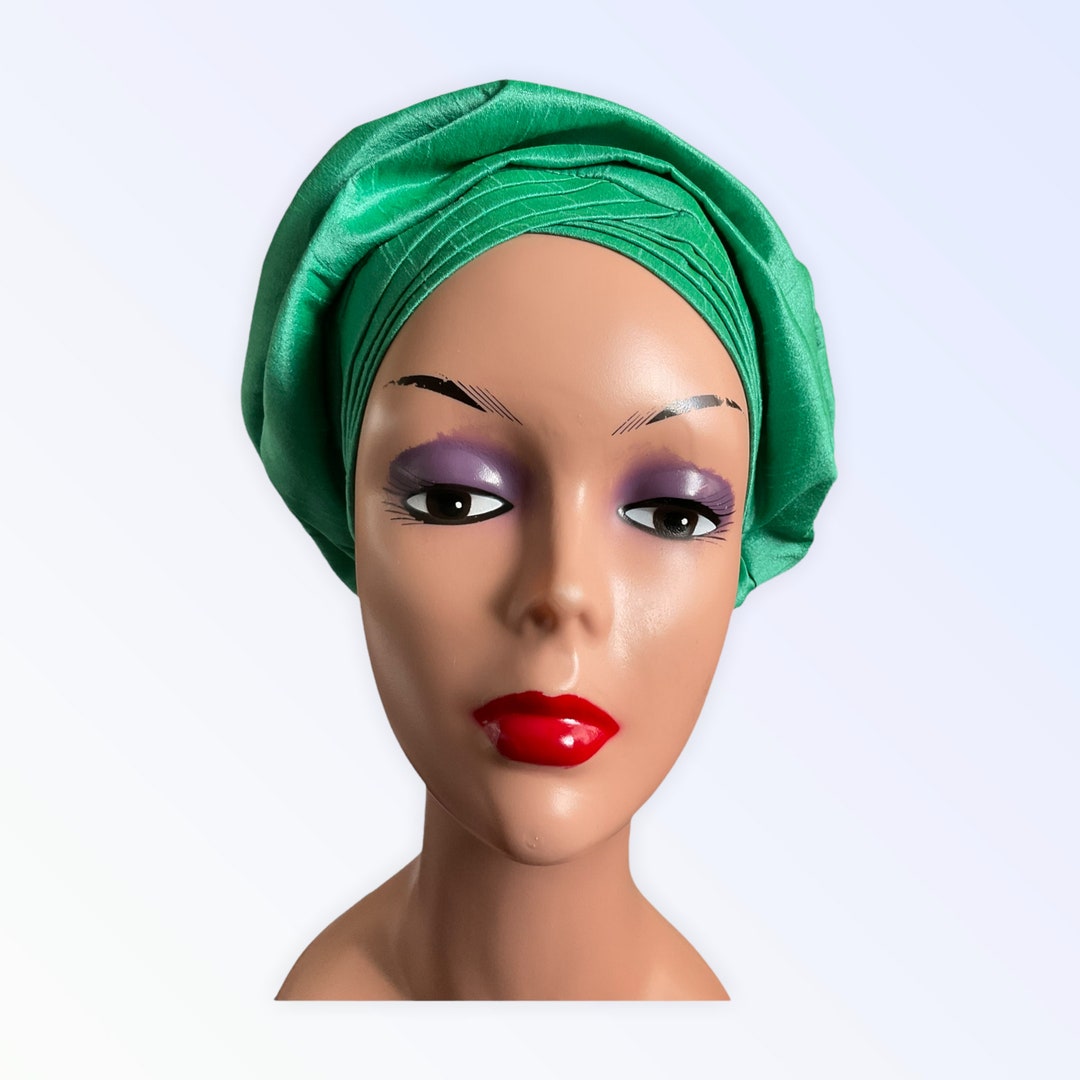Green Auto Gele, Dupion Raw Silk Auto Gele, Nigerian Pre Styled Party ...