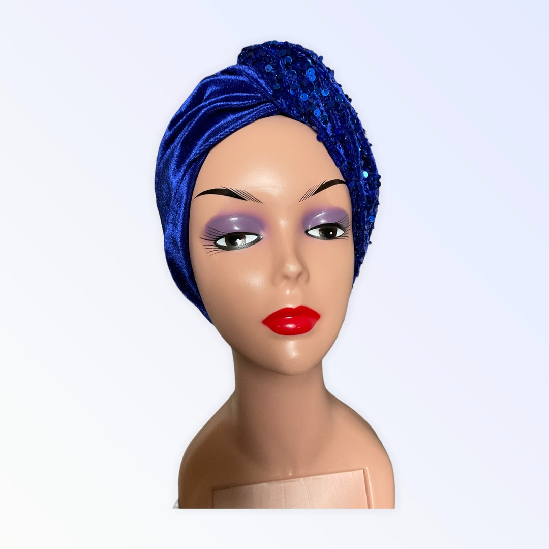 Sequin Fashion Turban in Royal Blue | Pre Tied Women Head Wrap ...