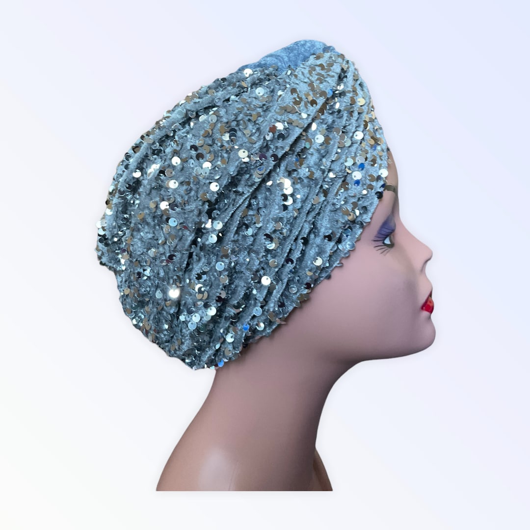 Sequin Fashion Turban in Grey | Pre Styled Women’s Gray Turban Headwrap ...