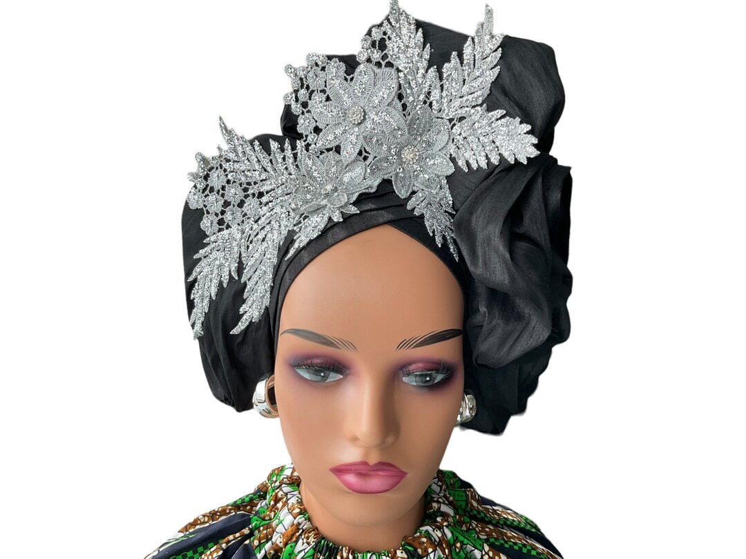 Black Silver Auto Gele for Wedding Birthday and Special Occasions ...