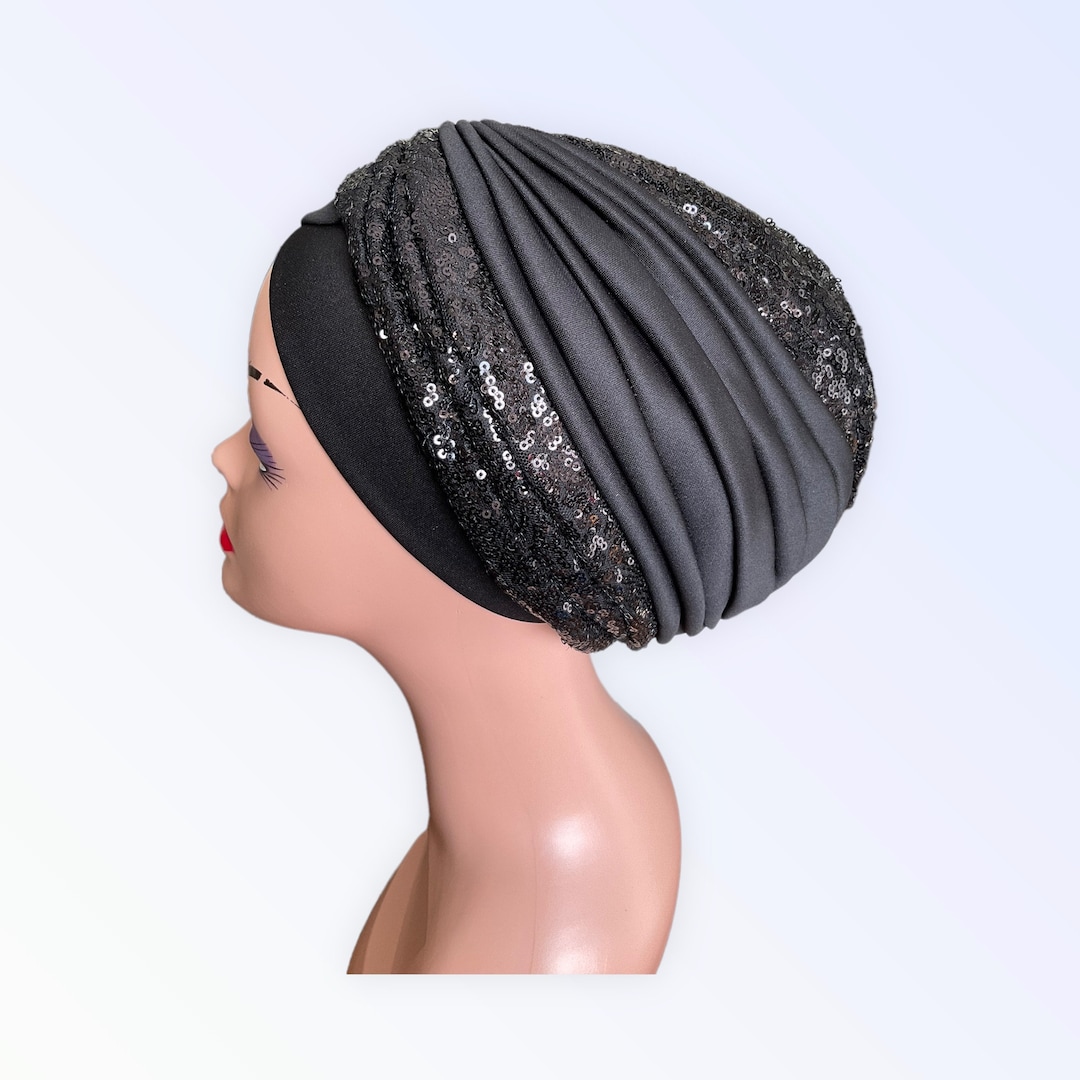 Sequin Fashion Turban Hat | Pre Styled Women’s Silver Head Wrap ...