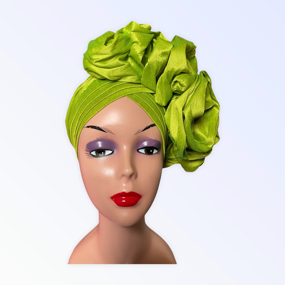Green Auto Gele Ready to Wear, Dupion Raw Silk Ruffles Style Head Tie ...