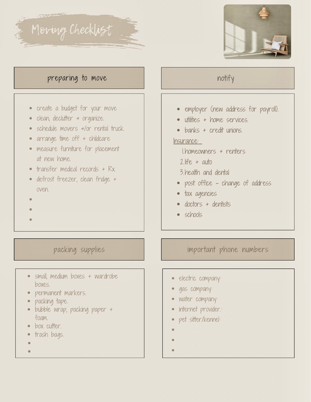 Moving Checklist - Beige - Etsy