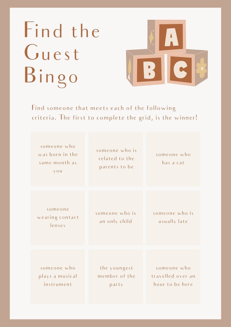 Baby Shower Find the Guest Bingo Game, Ice Breaker Game, Downloadable ...