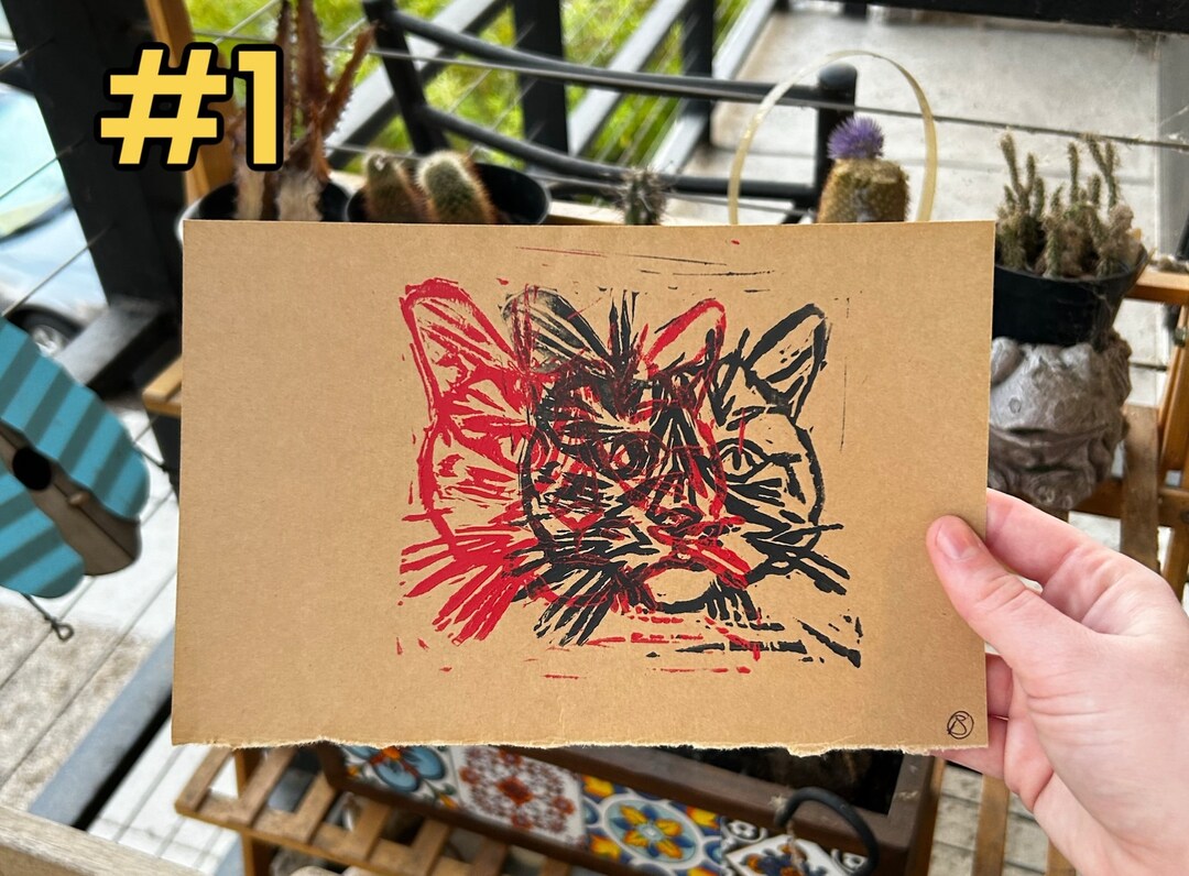 Cat Double Color Red/black Linocut Print - Etsy